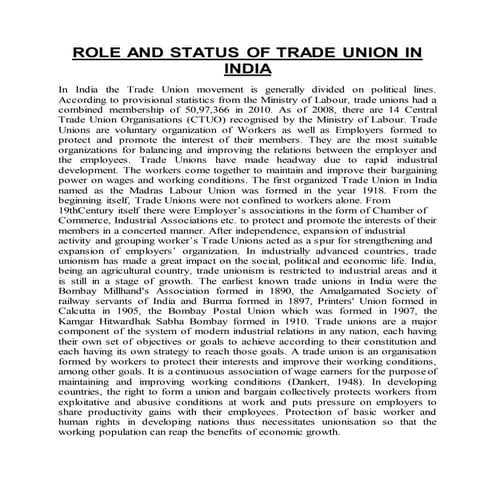 Role and status of trade union in india | DOCX