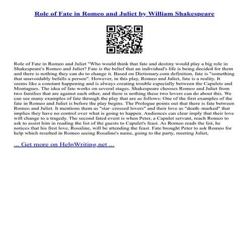 Role Of Fate In Romeo And Juliet By William Shakespeare | PDF