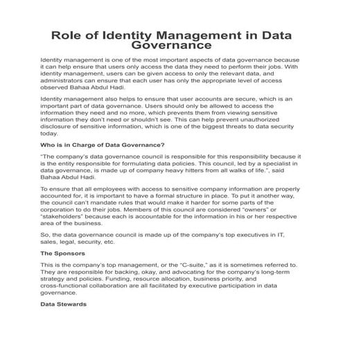 Role Of Identity Management In Data Governance Bahaa Abdul Hadipdf