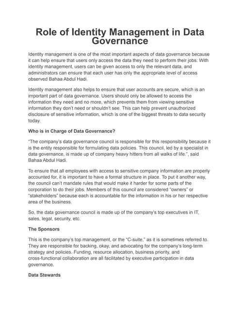 Role Of Identity Management In Data Governance Bahaa Abdul Hadipdf