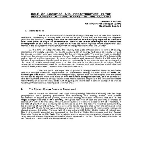 Role of logistics and infrastructure in the development of coal market ...