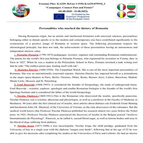 Personalities who marked the history of Romania- Erasmus Plus C.C.P.F ...