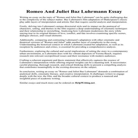 Romeo And Juliet Baz Luhrmann Essay | PDF