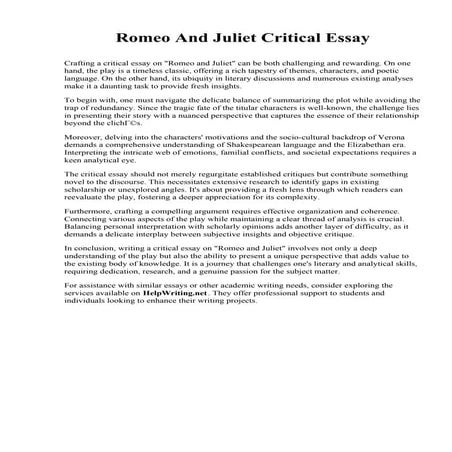 Romeo And Juliet Critical Essay. John Carroll University | PDF
