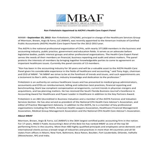 Ron Finkelstein Appointed to AICPA's Health Care Expert Panel | PDF