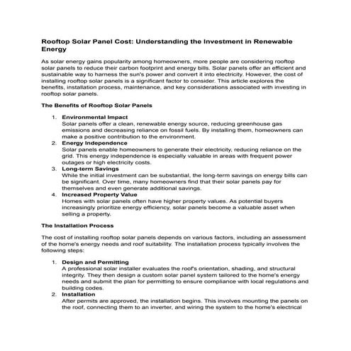 Rooftop Solar Panel Cost Renewable Energy | PDF