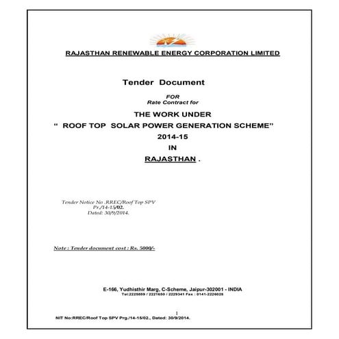 Rajasthan Solar Roof Top tender 2014-2015 | PDF