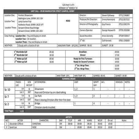 Dating 101 Actor Call Sheet | DOCX