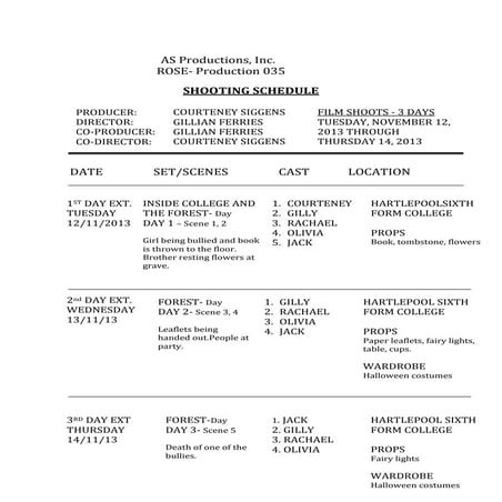 Shooting Schedule | PDF