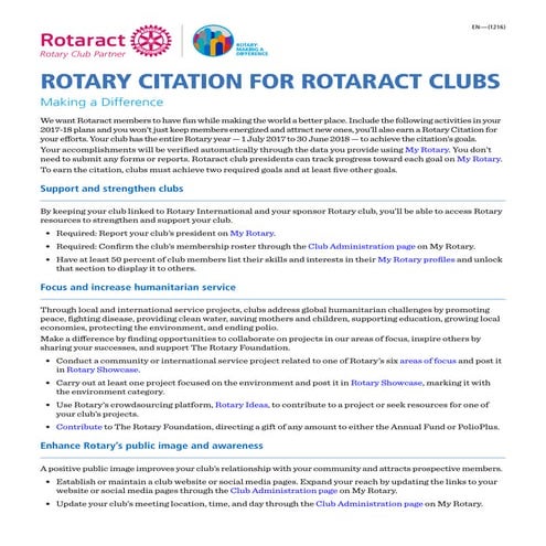 Rotary Citation For Rotaract Clubs - Making a Difference. | PDF