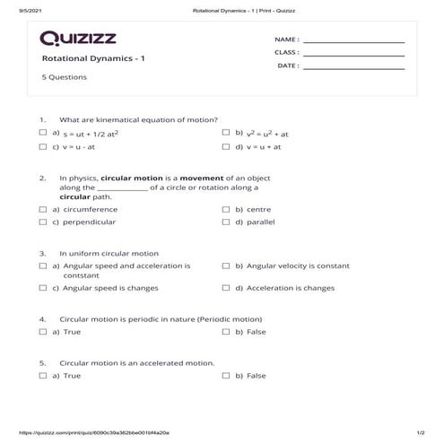 Rotational dynamics 1 - quizizz | PDF | Physics | Science