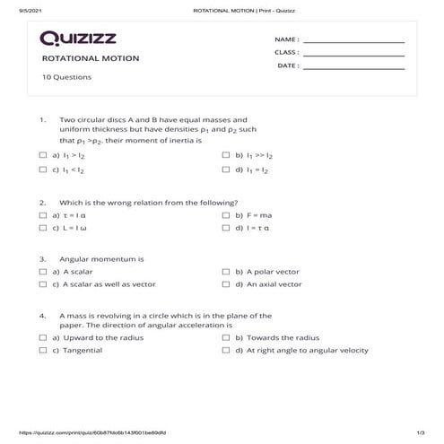 CLASS XII - CHAPTER: Rotational dynamics - quizizz | PDF | Physics ...