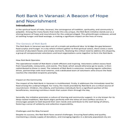 Roti Bank in Varanasi: A Beacon of hope and Nourishment | PDF