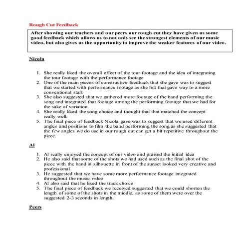 Rough cut feedback | DOCX | Video Production | Content Production