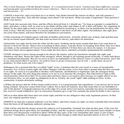 Rousseau Reading - On the Social Contract | DOC | Law