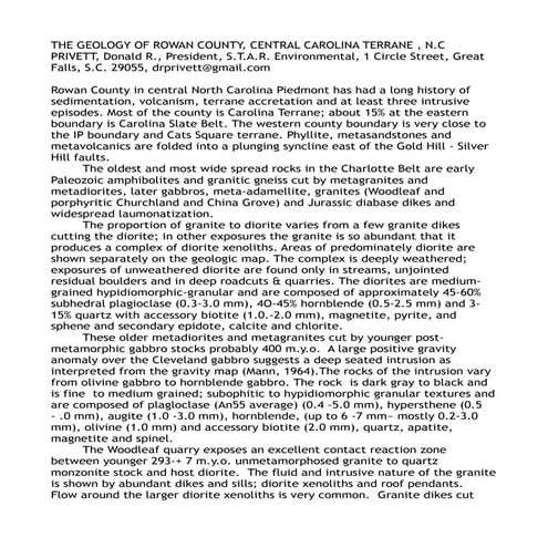 THE GEOLOGY OF ROWAN COUNTY, CENTRAL CAROLINA TERRANE , N.C | PDF
