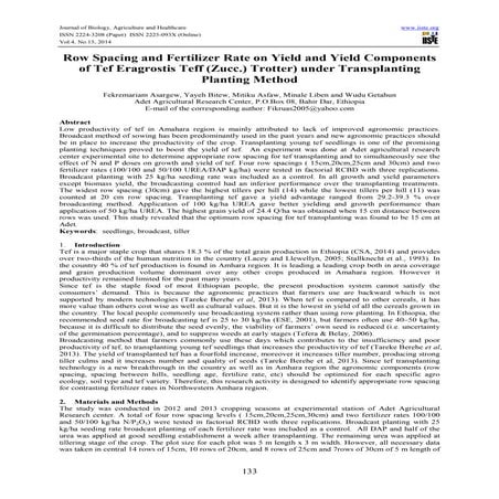 Row spacing and fertilizer rate on yield and yield components of tef eragrostis teff (zucc ...