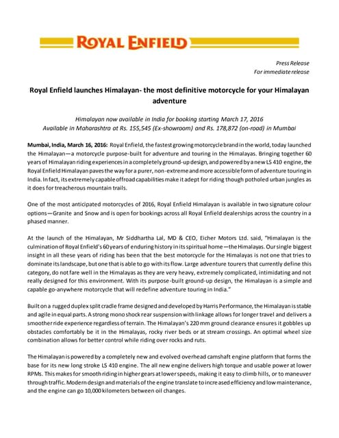 Royal Enfield Milwaukee dealer - Press Release | PDF