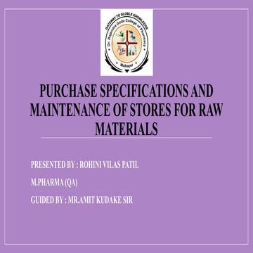 Purchase specifications and maintenance of store for raw materials | PPTX