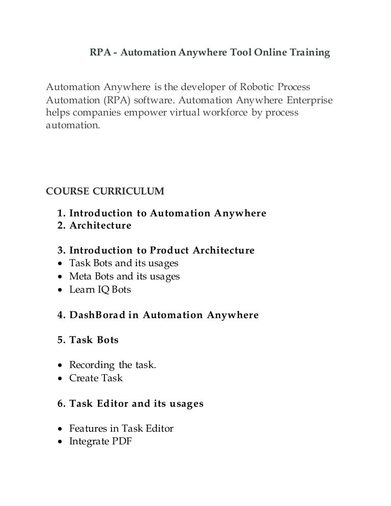 RPA Automation AnyWhere Tool Online Training