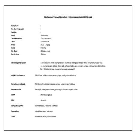 Contoh RPH PJ KSSR | DOCX
