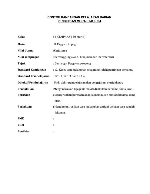 Contoh RPH Pendidikan Moral | DOCX