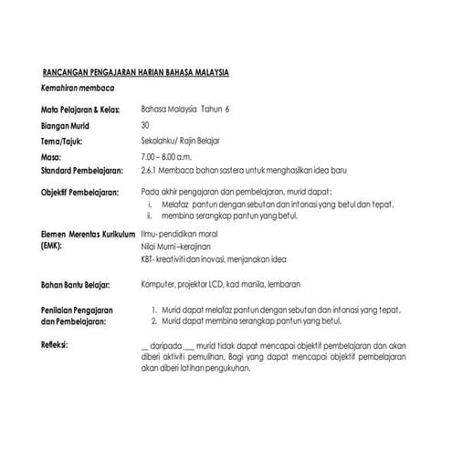 Rph kursus bm kssr tahun 6-kemahiran membaca untuk kelas belakang | DOCX