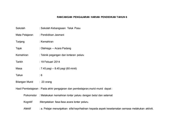 Contoh RPH Kokurikulum Olahraga Lari Berganti-Ganti | DOC