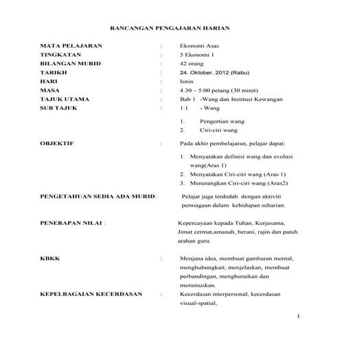 Rph micro teaching ekonomi asas form5 -terkini | DOCX