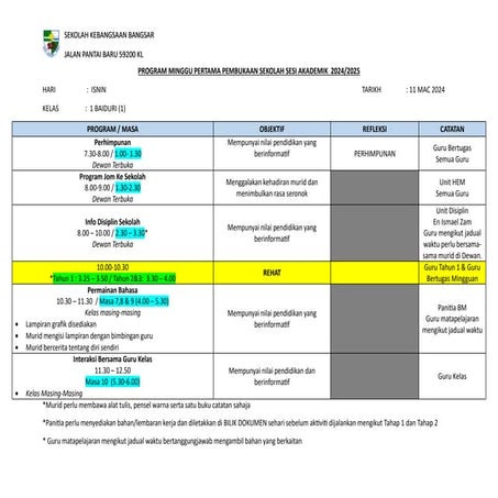 RANCANGAN PENGAJARAN HARIAN MINGGU PERTAMA | DOCX