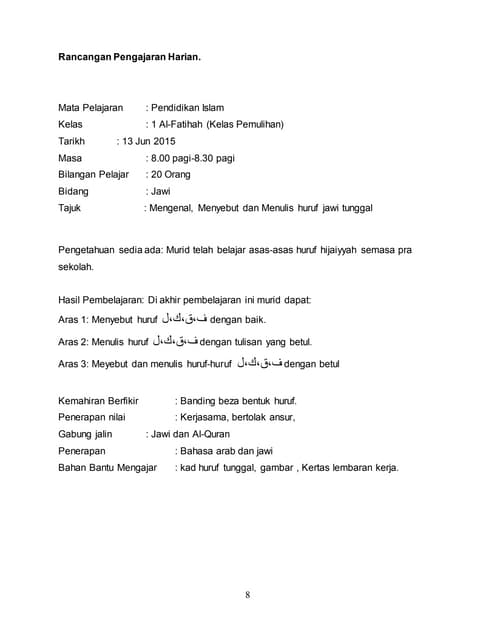 Rancangan pengajaran harian jawi tahun 1 | DOC