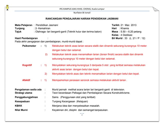 Contoh RPH Kokurikulum Olahraga Lari Berganti-Ganti | DOC