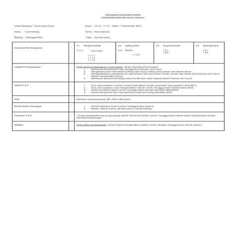 RPH Kssr Seni Visual Tahun Satu - Menggambar Rumah | DOCX