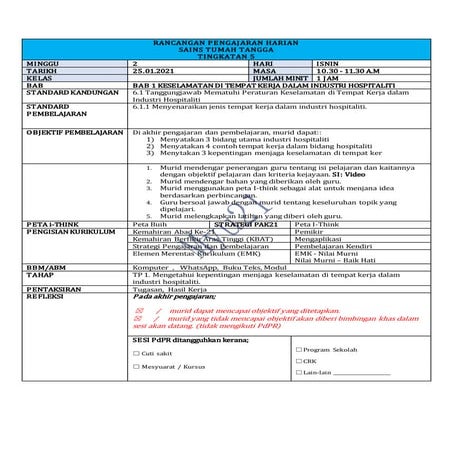 RPH SRT BAB 1 KESELAMATAN DI TEMPAT KERJA DALAM INDUSTRI HOSPITALITI | DOCX