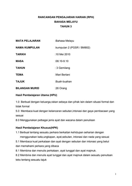 Rancangan pengajaran harian jawi tahun 1 | DOC