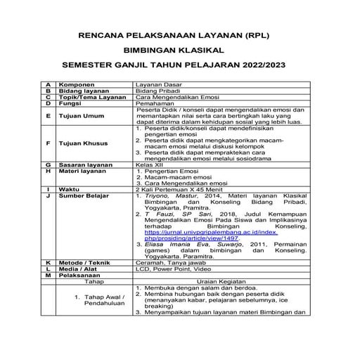 RENCANA PELAKSANAAN LAYANAN (RPL) BIMBINGAN KLASIKAL | PDF