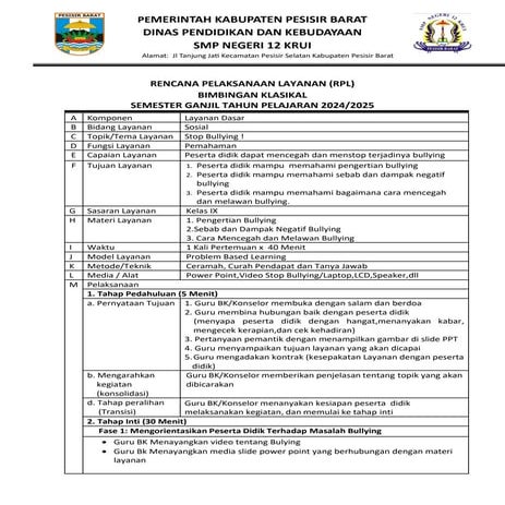 RENCANA PELAKSANAAN LAYANAN (RPL) BIMBINGAN KLASIKAL | PDF