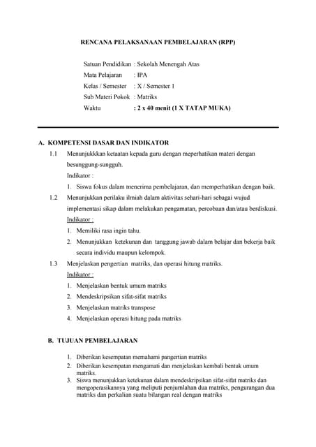 Rpp matriks pertemuan 1 | DOCX