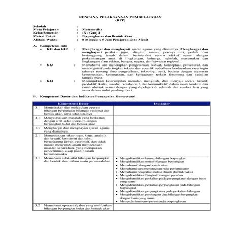 RENCANA PELAKSANAAN PEMBELAJARAN (RPP) Perpangkatan dan Bentuk Akar | DOCX