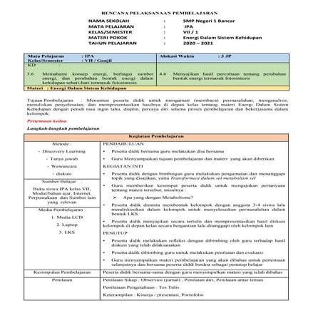 Rpp 1 lb. ipa 7. s1. kd 6 .2 energi dalam sistem kehidupan | PDF