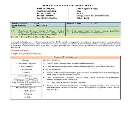 Rpp 1 lb. ipa 7. s1. kd 6 .3 materi energi dalam sistem kehidupan | PDF
