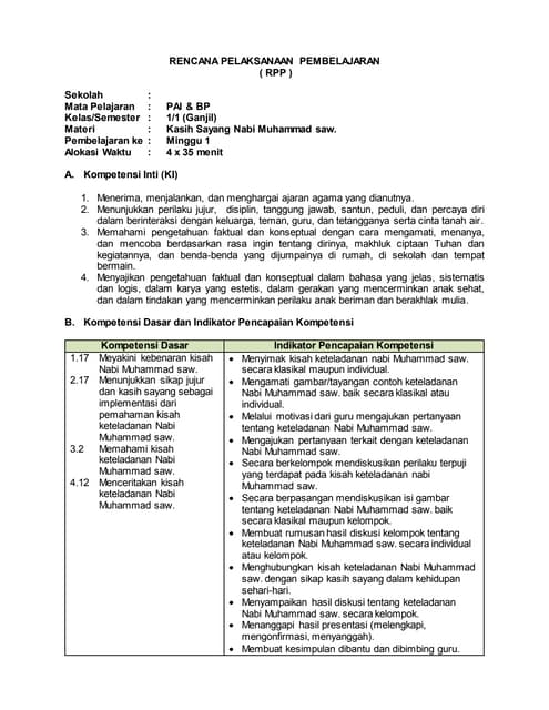 Contoh rpp pai sd kelas 1 kurikulum 2013 | DOCX