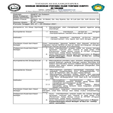 Rpp al qur'an kls 7 pekan 4 oktober | DOCX
