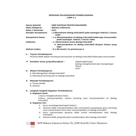 Rpp bahasa indonesiaberkaraktersmpkelasixsms1 | DOC