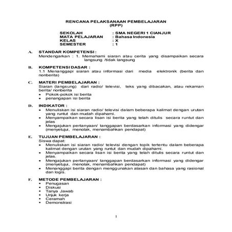 Rpp bahasa indonesia kelas x sem 1 (1) | PDF | Free Download