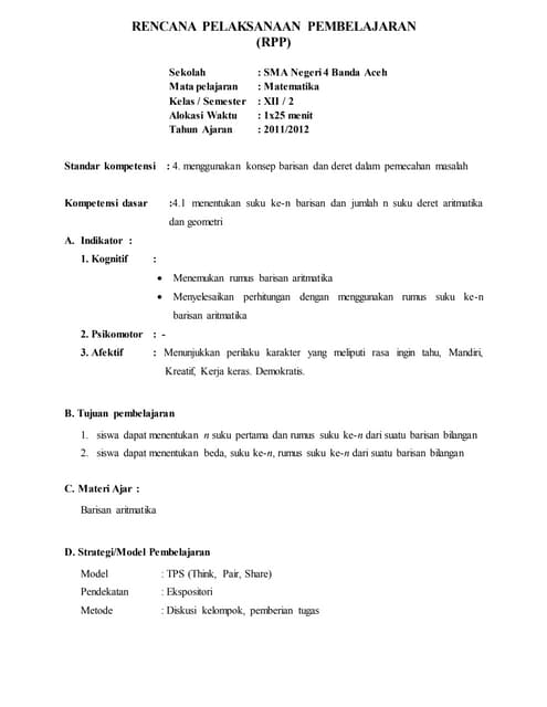 Rpp discovery learning barisan aritmatika smp kelas 8 | PDF