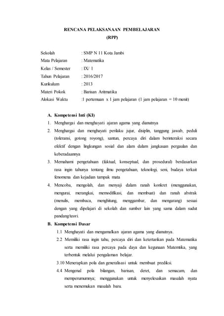 Rpp discovery learning barisan aritmatika smp kelas 8 | PDF