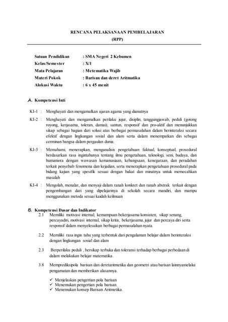 Rpp discovery learning barisan aritmatika smp kelas 8 | PDF