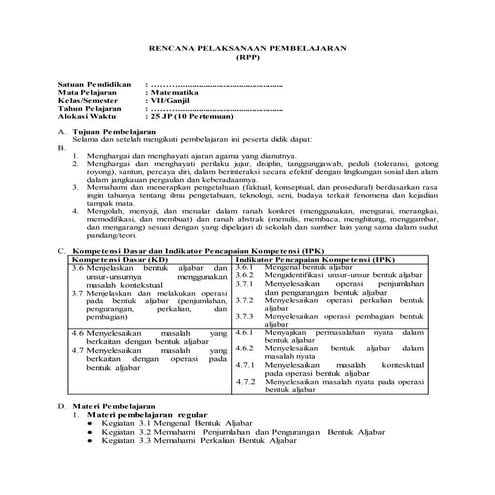 Rpp bentuk aljabar | DOCX