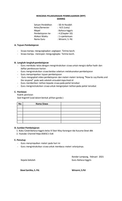 Rpp english kls 4 p.1 | DOCX